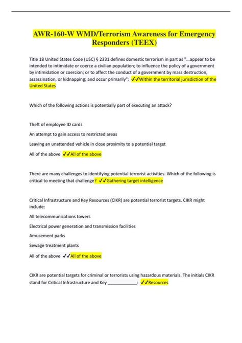 AWR W WMD Terrorism Awareness For Emergency Responders TEEX Questions With Correct Answers