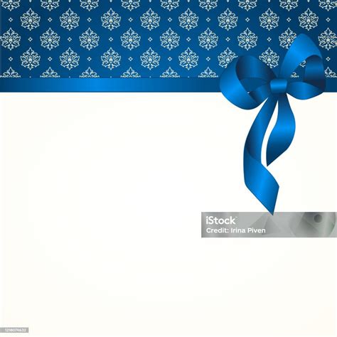 초대 인사또는 파란색 리본과 활 과 선물 카드 텍스트 에 대한 장소와 선물 바우처 템플릿 공단에 대한 스톡 벡터 아트 및 기타 이미지 Istock