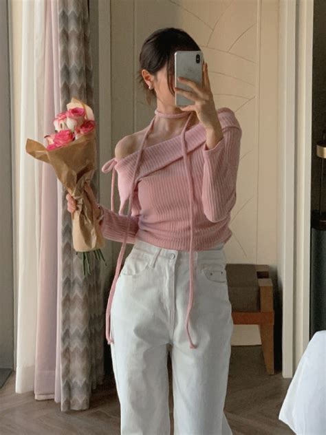 리리앤코 타이셋업슬림핏 44 120 메이헬 골지 오프숄더 셔링 타이 세트 티셔츠신상봄데이트룩개강룩데일리룩