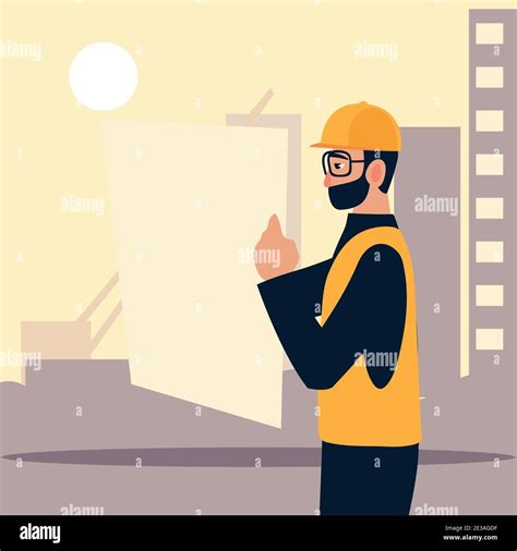 Bearded Man Architect Working With Blueprints In Office Vector Illustration Stock Vector Image