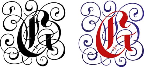 스크롤 디자인의 고딕 문자 G 서예 고딕 양식의 빨간색 대문자 A 프리미엄 벡터