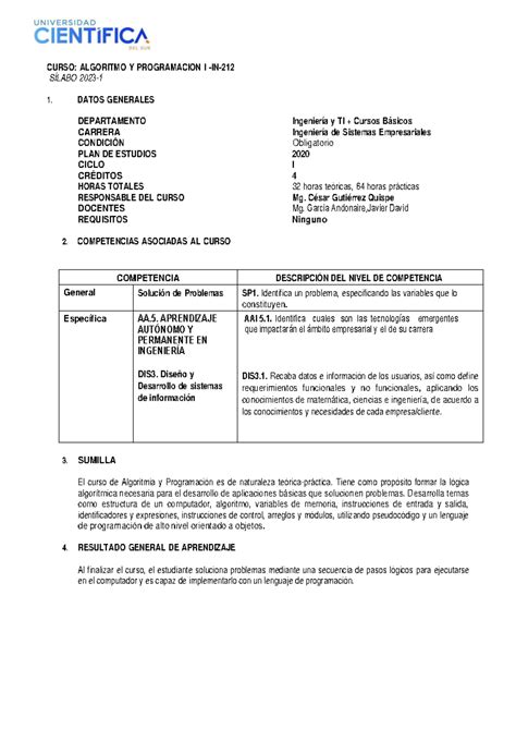 Algoritmo Y Programacion I In 212 2023 1 Curso Algoritmo Y
