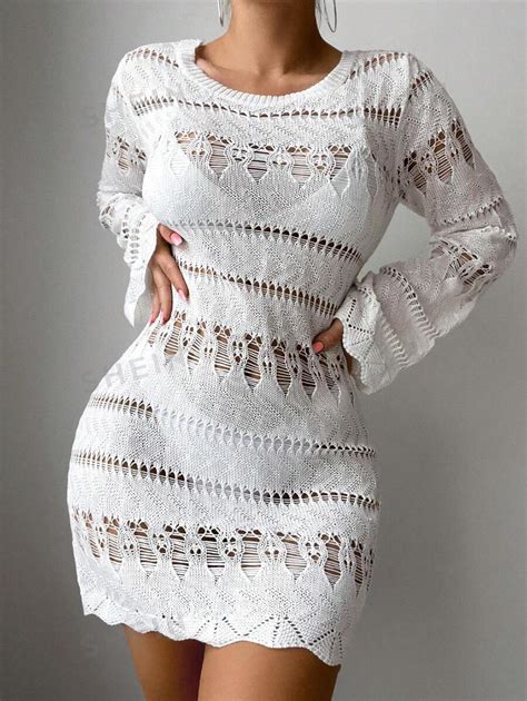 Shein Swim Bohofeel Long Sleeve Hollow Out Knitted Dress Cover Up For Summer Beach Vocation