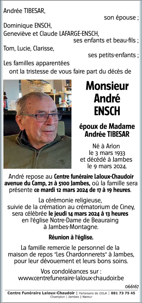 Avis De Décès De André Ensch Décédé Le 09 03 2024 à Jambes Annonce Condoléances Fleurs Etc