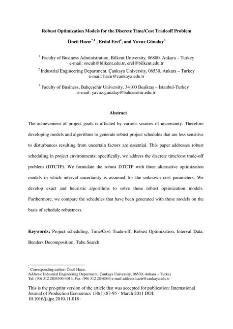 Pdf Robust Optimization Models For The Discrete Timecost Trade Off Problem