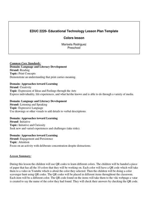 Educ 2220 Lesson Plan Template Pdf Qr Code Lesson Plan