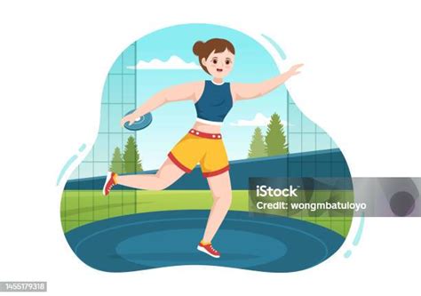 원반 던지기 스포츠 선수권 대회 플랫 만화 손으로 그린 템플릿에서 나무 판을 던지는 운동 경기 그림 Track And Field Event에 대한 스톡 벡터 아트 및 기타