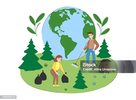 젊은이들은 지구를 돌봅니다 자원 봉사자들은 쓰레기에서 지구를 청소합니다 환경 보호와 자연 보호 개념 지구를 구하세요 생태 벡터 그림 낮에 대한 스톡 벡터 아트 및 기타