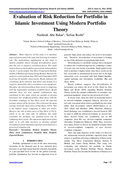 Pdf Evaluation Of Risk Reduction For Portfolio In Islamic Investment Using Modern Portfolio Theory