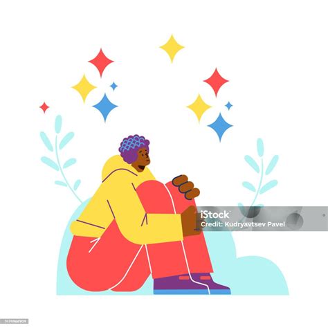 곱슬 머리 여자 꿈꾸는 포옹 무릎 플랫 스타일 벡터 일러스트 레이 션 곱슬 머리에 대한 스톡 벡터 아트 및 기타 이미지 곱슬