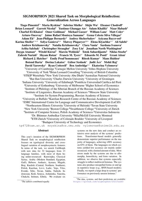 Pdf Sigmorphon 2021 Shared Task On Morphological Reinflection Generalization Across Languages