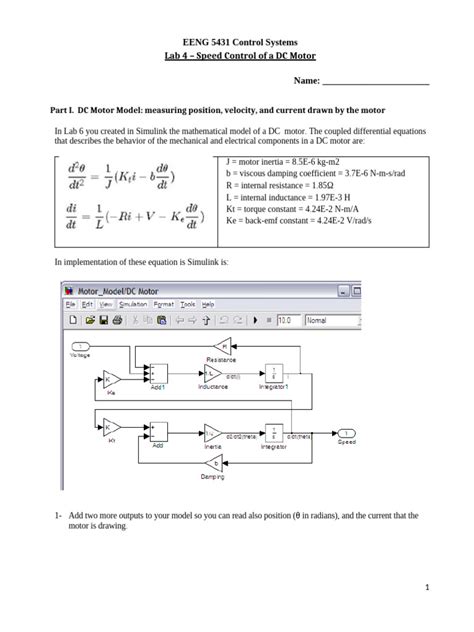 Lab4 Speed Control Dc Motor Simulink Pdf Feedback Inductance