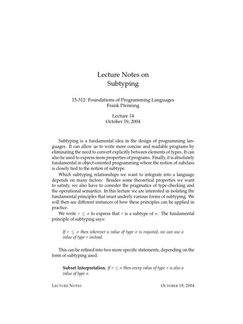 Lecture Notes On Subtyping 15 312 Foundations Of Programming Languages Frank Pfenning October