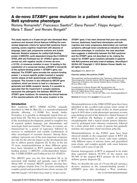 Pdf A De Novo Stxbp1 Gene Mutation In A Patient Showing The Rett Syndrome Phenotype