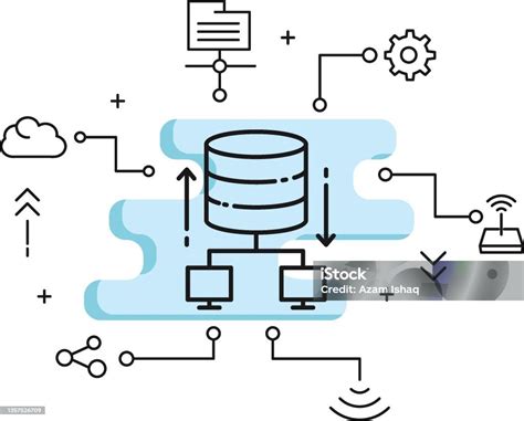 중앙 집중식 데이터베이스 서버 전송 개념 데이터 스토리지 및 액세스 벡터 아이콘 디자인 클라우드 컴퓨팅 및 인터넷 호스팅 서비스