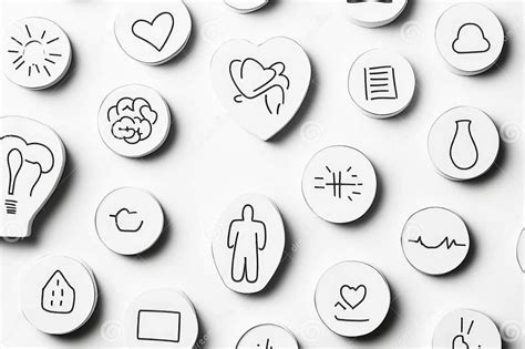 A Collection Of White Buttons Featuring Various Symbols And Icons Stock Illustration
