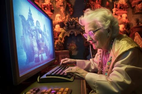 Premium Ai Image Witty Grandma Plays Computer Game Happy Character Fictional Person Generate Ai