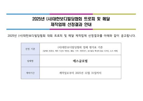 2025년 사대한보디빌딩협회 트로피 및 메달 제작업체 선정결과 안내 대한보디빌딩협회