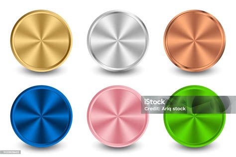 금 은 청동 청색 금속 분홍색 금속 및 녹색 금속 방사형 금속 구배의 컬렉션 금 은 청동 금속 효과가있는 플레이트 벡터 일러스트 레이 션 0명에 대한 스톡 벡터 아트 및