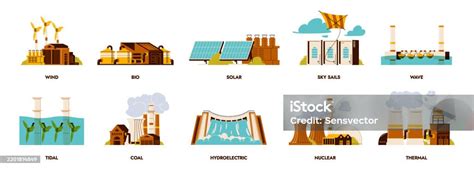 발전원 유형 벡터 에너지는 태양과 수력 풍력과 바이오 원자력과 열 석탄과 조력 하늘 돛과 파도를 혼합합니다 재생 가능한 발전소 스테이션 자원 0명에 대한 스톡 벡터 아트 및