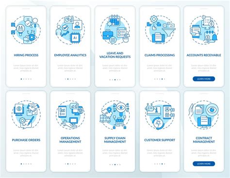 Business And Banking Automation Blue Onboarding Mobile App Screen Set Walkthrough 5 Steps