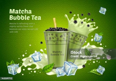 현실적인 상세한 3d 말차 버블 티 광고 배너 개념 포스터 카드 벡터 버블티에 대한 스톡 벡터 아트 및 기타 이미지 버블티 마카차 배경 주제 Istock