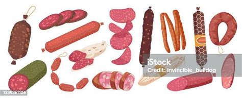 살라미 페퍼로니 훈제 소시지 쇠고기 고기 햄 농장 또는 정육점 생산 베이컨 삶은 소시지 델리카트슨 살라미에 대한 스톡 벡터 아트 및 기타 이미지 Istock
