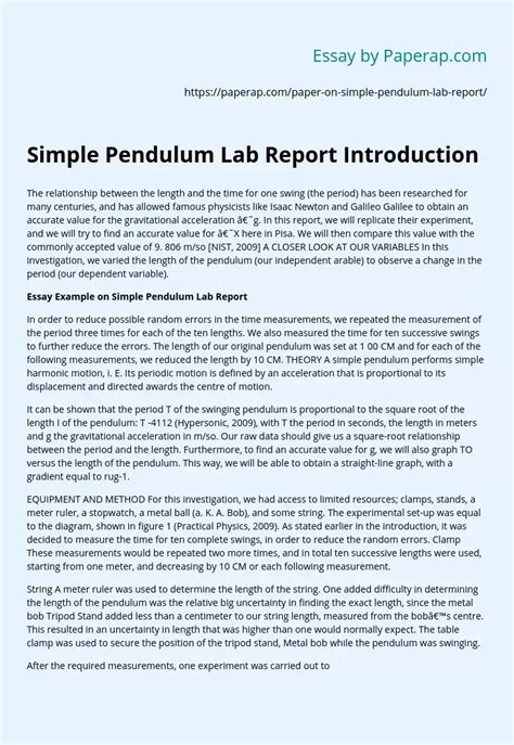 Simple Pendulum Lab Report Introduction Discussion Essay Example