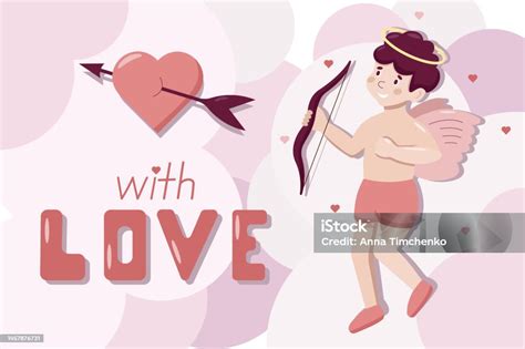 작은 큐피드가 있는 귀여운 만화 벡터 인사말 포스터 사랑은 공기 글자에 있습니다 발렌타인 데이 개념입니다 천사는 분홍색 구름으로 활에서 심장을 쏜다 0명에 대한 스톡 벡터
