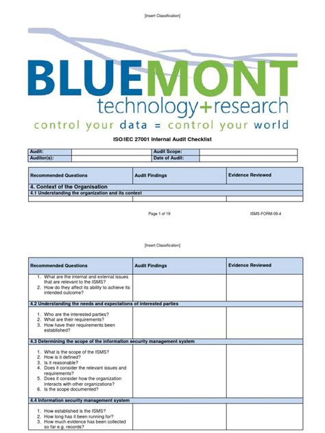 Isms Form 09 4 Internal Audit Checklist V1 Pdf Information Security Internal Audit