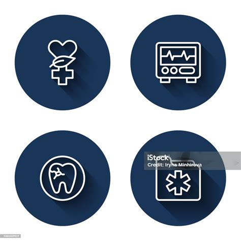 Ethnoscience 라인 심전도가 있는 모니터 치아 우식증 및 긴 그림자가 있는 의료 건강 기록 폴더를 설정합니다 파란색 원 버튼입니다 벡터 개념에 대한 스톡 벡터 아트
