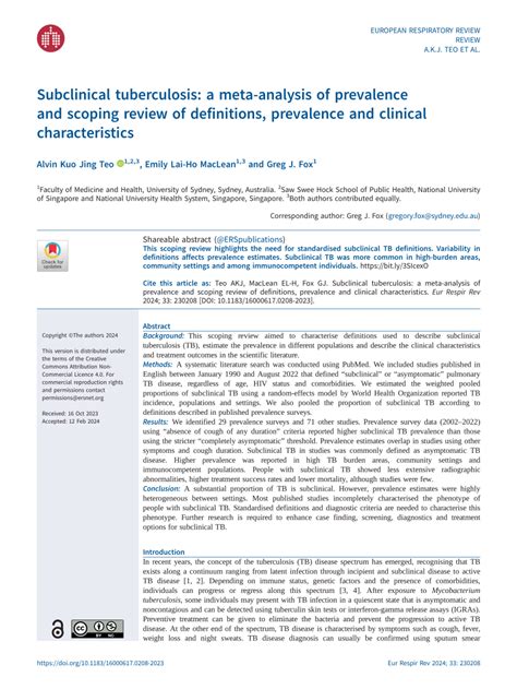 Pdf Subclinical Tuberculosis A Meta Analysis Of Prevalence And