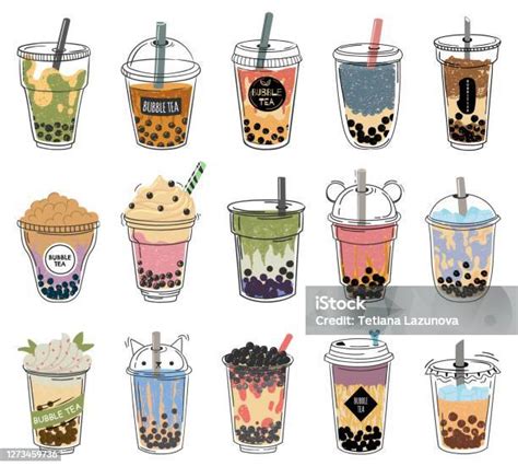 거품 차 인기 대만 진주 밀크 티 와 공 거품 아시아 차 플라스틱 컵에 청량 음료 트렌디 한 디저트 다채로운 벡터 컬렉션