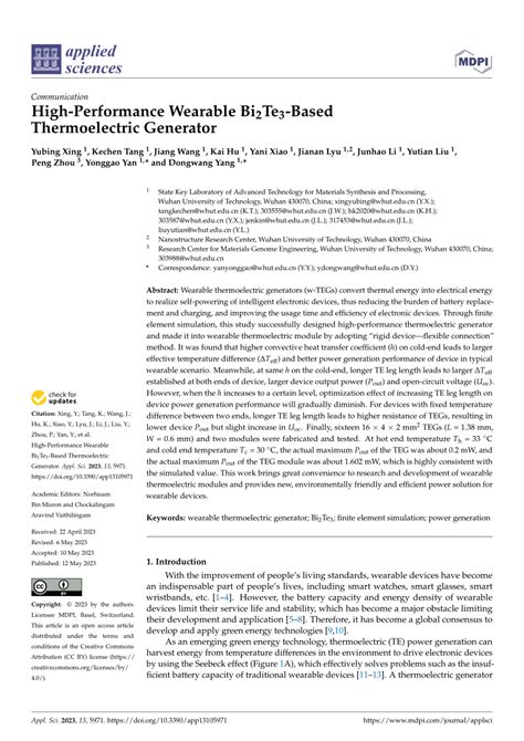 Pdf High Performance Wearable Bi2te3 Based Thermoelectric Generator