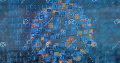 image of binary code over globe made of icons stock illustration