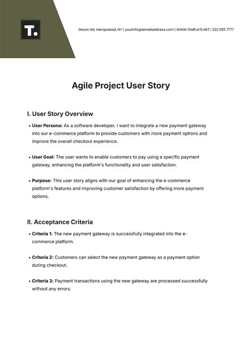 Free Agile Project User Story Template To Edit Online