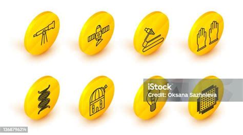 세트 라인 프로세서 아이디어의 개념과 전구 천문대 Dna 기호 고무 장갑 현미경 위성 및 망원경 아이콘 벡터 3차원 형태에 대한 스톡 벡터 아트 및 기타 이미지 Istock