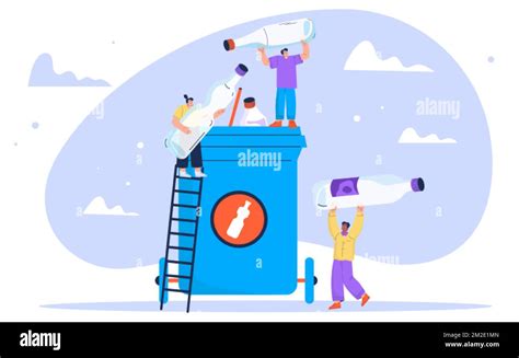 People Collecting Plastic Trash Into Recycling Garbage Bin Tiny Characters On Ladder Sorting