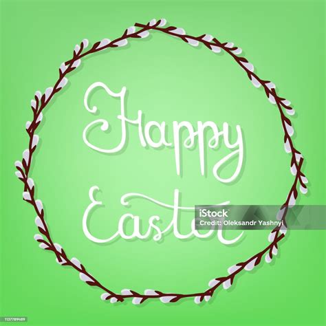 그린 배경에서 서 예 레터링 행복 한 부활절 아름 다운 꽃 프레임입니다 버드 나무 가지에서 동그라미 프레임 디자인에 대 한 벡터 일러스트 레이 션 웹 계절에 대한 스톡 벡터