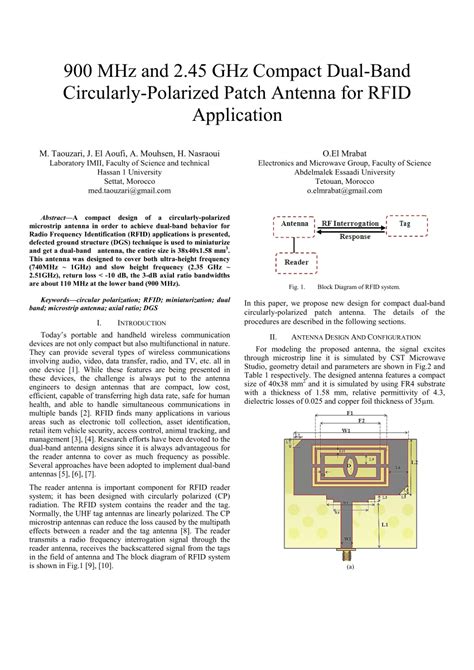 Pdf 900 Mhz And 2 45 Ghz Compact Dual Band Circularly Polarized Patch Antenna For Rfid Application