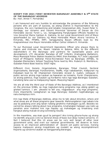 Script For 2021 First Semester Barangay Assembly Pdf