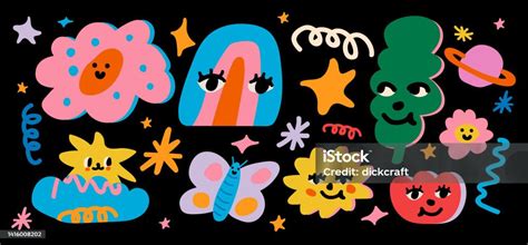 다채로운 만화 재미있는 추상 캐릭터와 괴물과 검은 배경에 고립 된 다양한 그래픽 요소로 설정된 어린이 그림 벡터 일러스트 레이