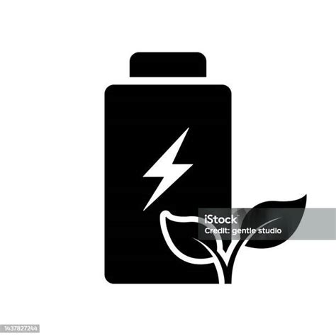 나뭇잎과 번개 실루엣 아이콘이 있는 생태 충전식 축전지 재생 가능한 배터리 글리프 픽토그램 에코 그린 에너지 기호입니다 전력을