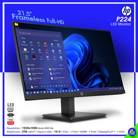 Monitor Hp รุ่น P224 ขนาด 21 5” Full Hd ไร้ขอบ Vga Displayport Hdmi สภาพดีมีประกัน By