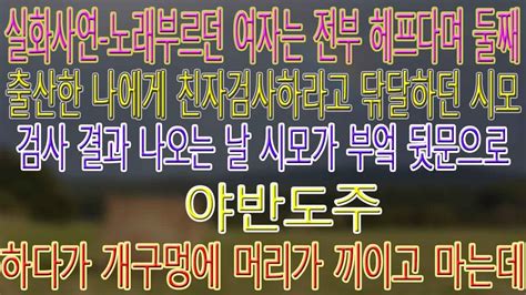 실화사연 노래부르던 여자는 전부 헤프다며 둘째 출산한 나에게 친자검사하라고 닦달하던 시모 검사 결과 나오는 날 시모가 부엌 뒷문으로 야반도주 하다가 개구멍에 머리가 끼이고