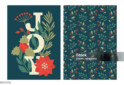 Joy라는 텍스트가 있는 크리스마스 카드 나뭇잎 홀리 베리 겨우살이 겨울 꽃 식물 배경에 대한 매끄러운 패턴 엽서 전단지 벡터 플랫 스타일의 브로셔를 위한 창의적인 삽화