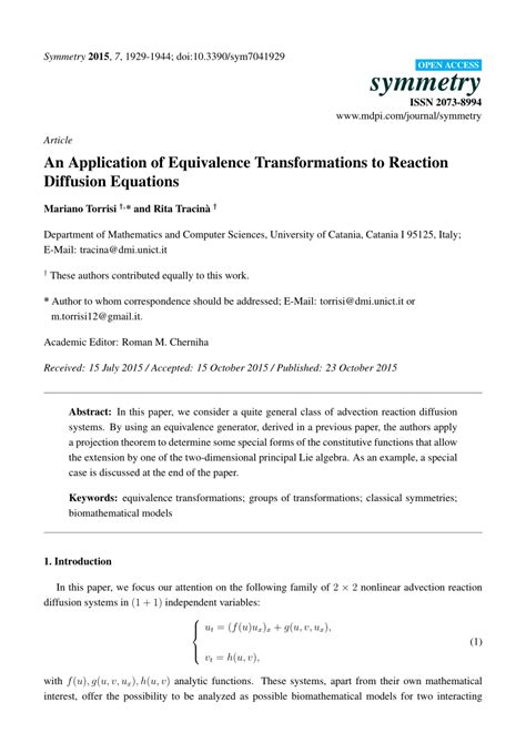 Pdf An Application Of Equivalence Transformations To Reaction Diffusion Equations