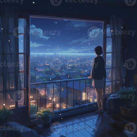 Anime Girl Looking Out A Window At The City At Night Generative Ai