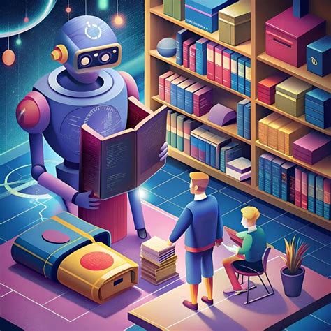 A Friendly Ai Robot Librarian Helps Patrons Find Information In A Futuristic Library Premium