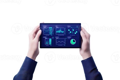 A Person Holds A Digital Tablet Displaying Various Data Visualizations